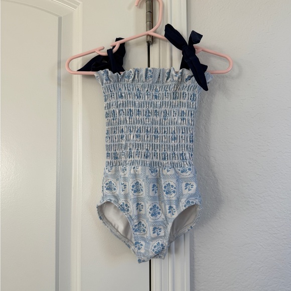 Minnow | Swim | Minnow Blue And White Smocked Swimsuit With Bow Straps ...